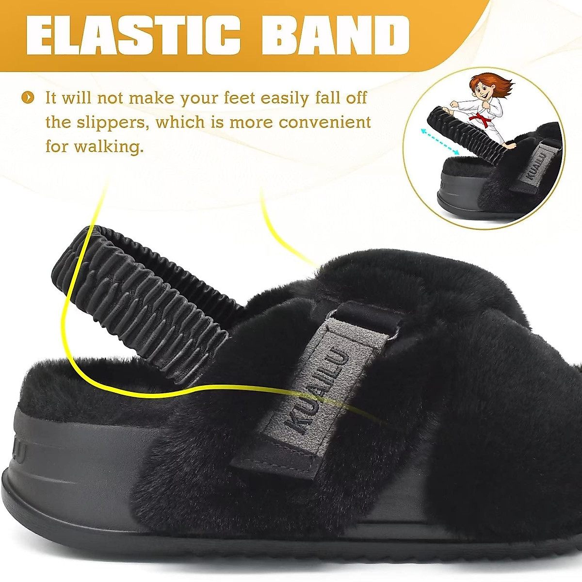 KuaiLu Womens Fuzzy Criss Cross Band Platform Slippers Back Strap Arch Support Furry Faux Fur Ladies Open Toe Slingback Slide Cozy Soft Plush Fleece Comfy House Shoes Sandals Indoor Outdoor Black 8