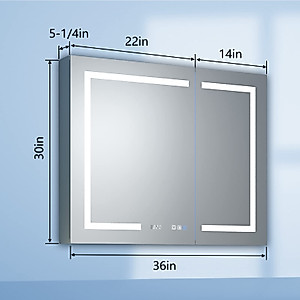 ExBrite LED Lighted Bathroom Medicine Cabinet with Mirror, 36 x 30 Inch, Recessed or Surface led Medicine Cabinet, Clock, Room Temp Display,Defog,Stepless Dimming,3-Color Temper Change, Outlets & USBs