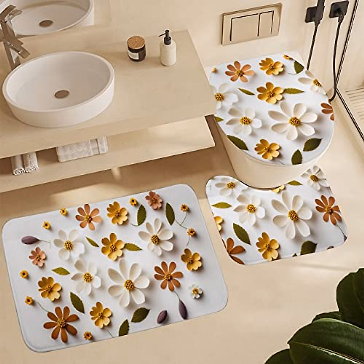 YSINOBEAR Spring Color Floral Shower Curtain Sets with Non-Slip Rug,Toilet Lid Cover and Bath Mat,Yellow and White Flowers Shower Curtain Sets with 12 Hooks,Durable Waterproof Shower Curtain.
