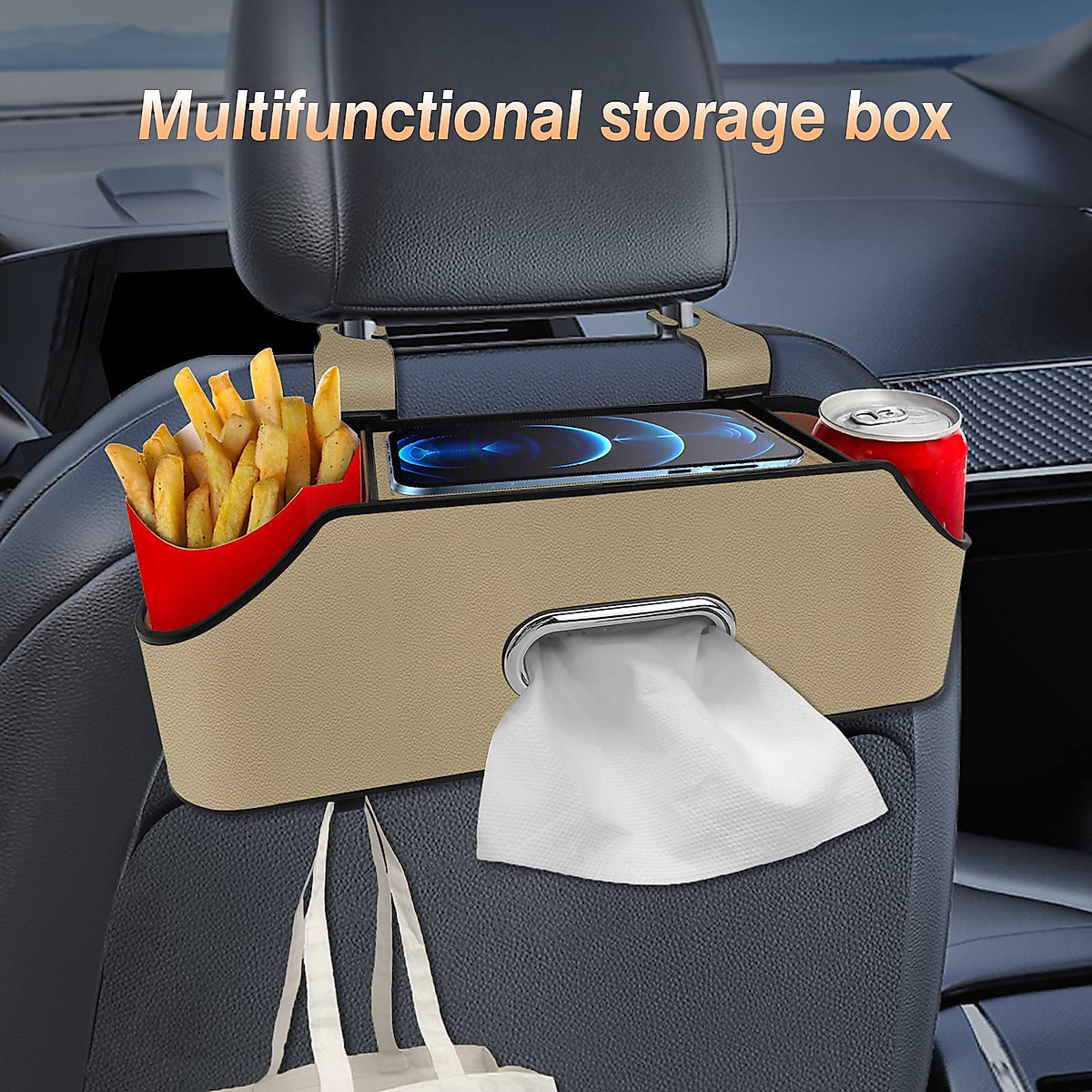 Car Headrest Backseat Organizer,Seat Back Organizer,Hook,Cup Holder,Tissue Box,Phone Holder,Storage Box,Multifunctional Storage for Car Travel Accessories(Off White)