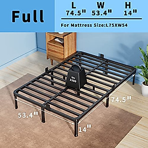ROIL 14 Inch Full Size Bed Frame with Mattress Slide Stopper - Double Black Basic Anti Squeak Steel Slats Metal Platform, Heavy Duty Noise Free Easy Assembly Bedframes, No Box Spring Needed