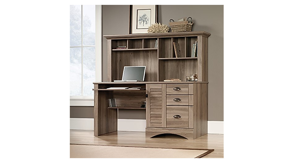 Sauder Harbor View Desk with Hutch in Salt Oak | Stylish & Functional ...