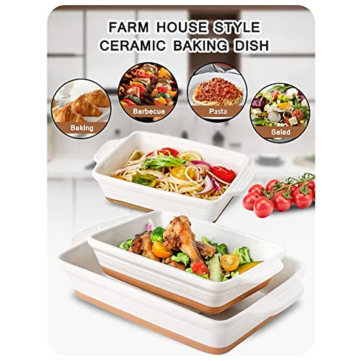 YMASINS Casserole Dishes for Oven, Ceramic Baking Dish Set of 3 Deep Lasagna Pans Large Ceramic Baking Pan with Handles from Oven to Table Rectangular Casserole Dish Set Easy to Clean, White