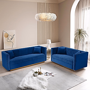 mikibama Luxury Velvet Sofa Set for Living Room, Modern Decor Furniture Channel Sofa Couch and Loveseat with Nailhead Gold Metal Legs and 4 Pillows for Bedroom, Hall, Blue