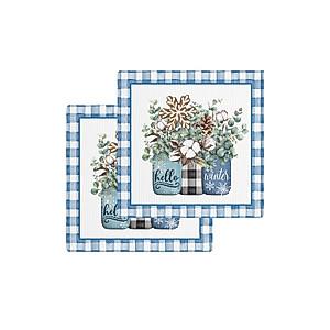 Hokiten Christmas Waffle Kitchen Towels Dishcloths, Xmas Eucalyptus Leaves Winter Cotton Blue Plaid Absorbent Dish Towels | Hand Towels for Bathroom/Bar, 12 x 12 Inch, 2 Pcs