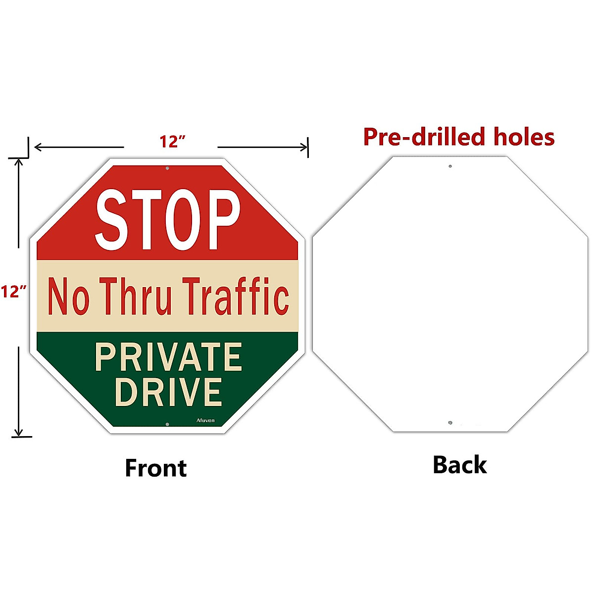 Stop No Thru Traffic Private Drive Sign 12" x 12" Private Driveway Sign Metal Reflective No Thru Traffic Sign Rust Free Aluminum Stop Sign UV Protected Waterproof Outdoor Use 2 Pack