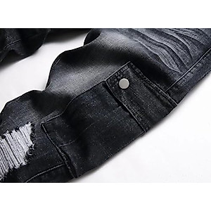 HENGAO Mens Cargo Jeans Ripped Skinny Slim Fit Stretch Jeans, Distressed Destroyed Straight Denim Pants with Pockets, 1755 Black, 40