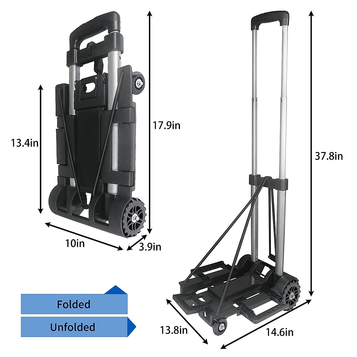 APOXCON Folding Hand Truck, Lightweight Aluminum Luggage Cart with 4 Wheels & Adjustable Handle, 160 lbs Capacity Foldable Dolly Cart for Moving Home Office Shopping Travel Use, Compact and Portable