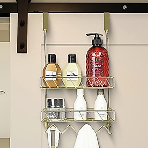 MyGift Brass Metal Wire Over The Door Hanging Bathroom Accessories Organizer Rack, 2 Tier Bath Storage Shelf with 4 Triangular Hooks