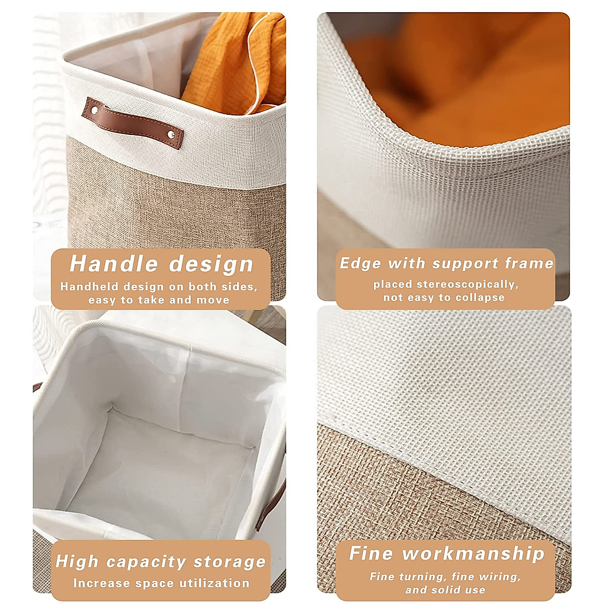 Jossens 11 Inch Fabric Baskets with Leather Handles,Foldable Cubes Storage Bins Set of 4 for Cube Organizer Home Toy Nursery Closet Bedroom (blue)