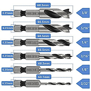 Mesee 6Pcs Brad Point Stubby Drill Bits Set, HSS 4241 Steel with 1/4" Quick Change Hex Shank, Spiral Twist Bit for Metal/Aluminum Iron/Sheet Copper/Wood Woodworking
