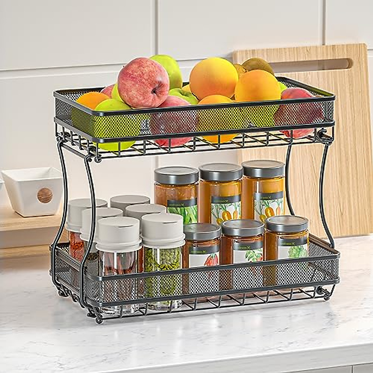 iNUREYE 2 Tier Fruit Basket for Counter, Metal Fruit Basket Stand Detachable Fruit Holder Bread Vegetable Storage Basket Square Fruit Bowl for Kitchen Counter Dining Table