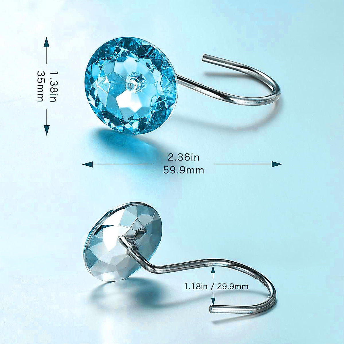 Shower Curtain Hooks,iiEASEST Acrylic Crystal Rhinestone Gem Decorative Shower Curtain Hook Cute Diamond Jewel Shower Hooks for Liner Curtain Camper Bathroom Kids Girls Women Set of 12 (Aqua Blue)