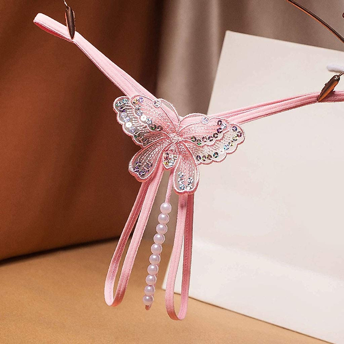 Sekexi Fashion Women Sexy Underwear Cutout Pendant Pearl Beads Embellished Lace Butterfly G-String Thong Underpants Pink