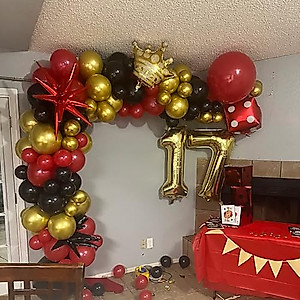 Casino Theme Balloon Arch Kit, 104 Pcs Red Black and Gold Metallic Latex Balloon Garland Kit with Dice Crown Explosion Star for Women Men Casino Night Las Vegas Birthday Graduation Party Decorations