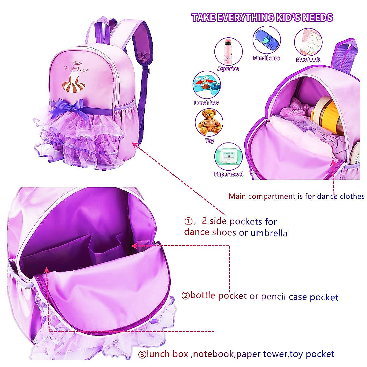 WUHBJJXY PREMIUM 20L FASHIONAL MULTIFUNTIONAL PURPLE KIDS DANCE BAG,KIDS BALLET BACKPACK ,Toddler Dance Bags,LARGE STORAGE CAPACITY