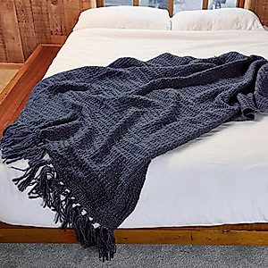 PANDATEX Thick Chunky Navy Blue Knitted Throw Blanket for Couch Chair Sofa Bed, Chic Boho Style Textured Basket Weave Pattern Blanket with Decorative Fringe, 50"x60"