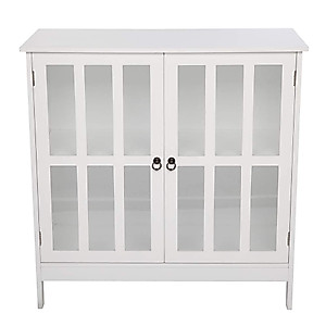 Storage Sideboard Buffet, Transparent Double Door Side Cabinet Wooden Storage Cupboard with Glass Door for Home Kitchen Hallway Dining Room, Console Table Server Display, White
