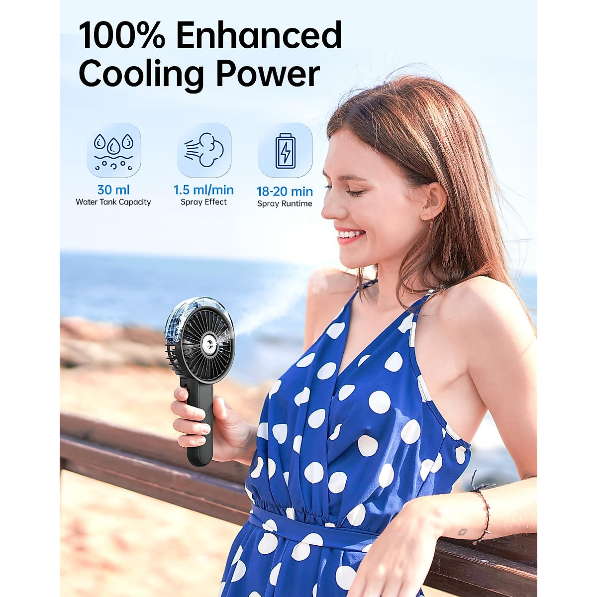 SWEETFULL Portable Misting Fan - 180° Foldable Handheld Personal Fan with Mist Spray, 3 Speeds, 30ml Water Tank, USB Rechargeable for Travel, Outdoors, Makeup, Camping, Home, and Office Use