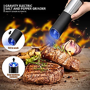 Gravity Electric Salt and Pepper Grinder Set Battery Operated,One Hand Operation Automatic salt and pepper grinder set,Electric Salt and Pepper Shakers with LED Light,Adjustable Coarseness(2 PCS)