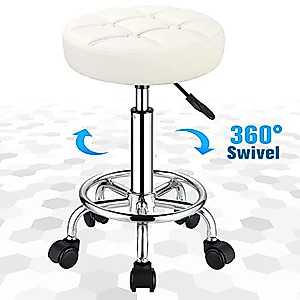 FNZIR Round Rolling Stools PU Leather Seat Height Adjustable Swivel Stool with Wheels White