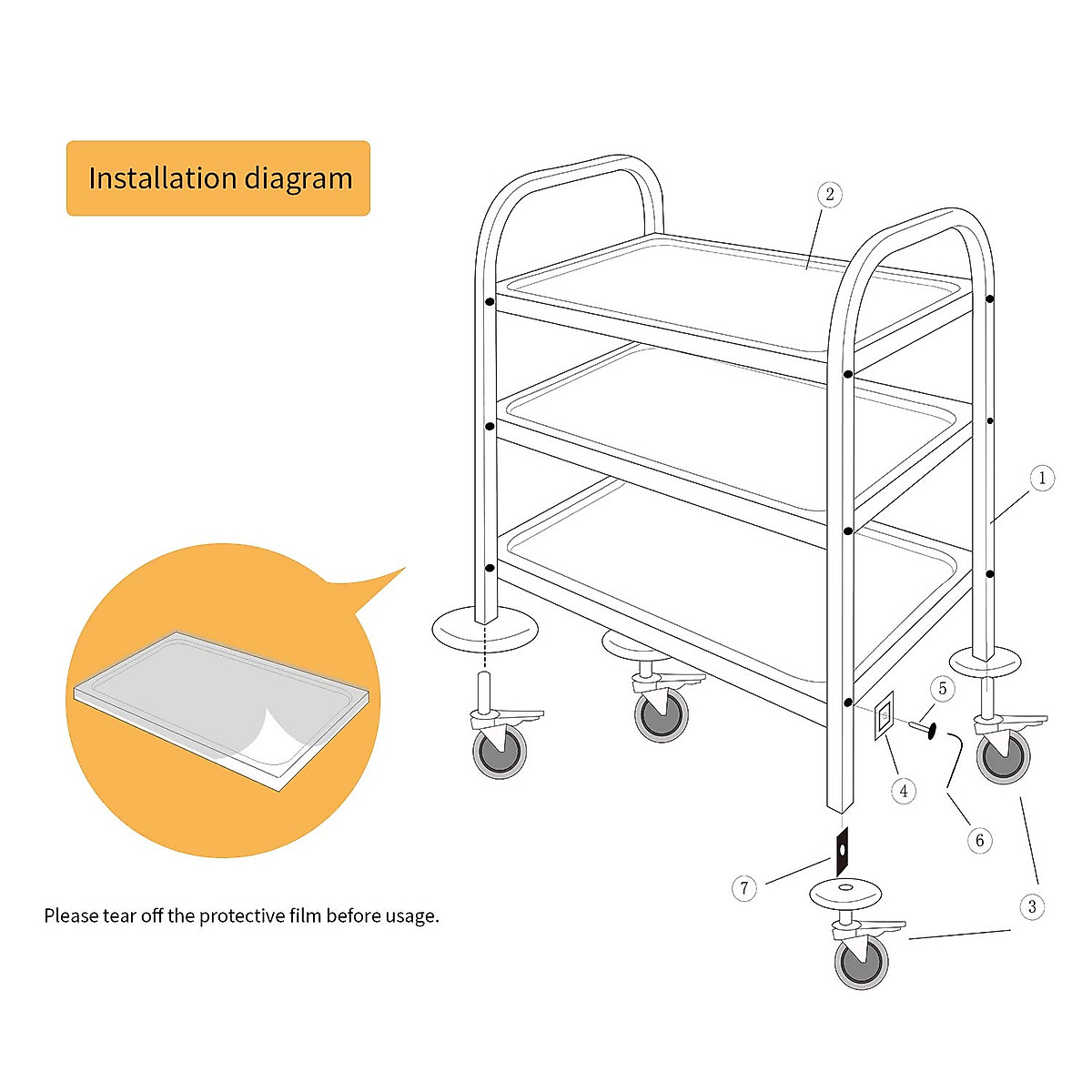 tonchean Large 3 Tier Stainless Steel Cart Kitchen Trolley Cart Serving Cart 37.4 x 19.7 x 37.4 Inch Kitchen Utility Rolling Cart Service Catering Storage Cart with Locking Wheels