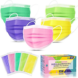 Disposable Face Masks, 50 Pack- 3 Layer Individually Wrapped Masks For Women, Men, Unisex Adults, Breathable Colorful Face Masks Disposable(5 Rainbow Colors)