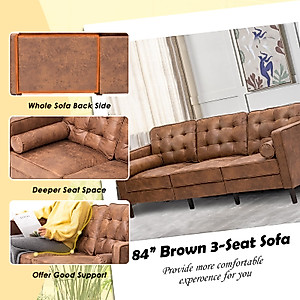 Lesofair 84" Faux Leather 3 Seater Sofa with 2 Bolster Pillows, Tufted Sofa with Wooden Legs, Mordern Couch for Living Room, Office, Apartment, Brown