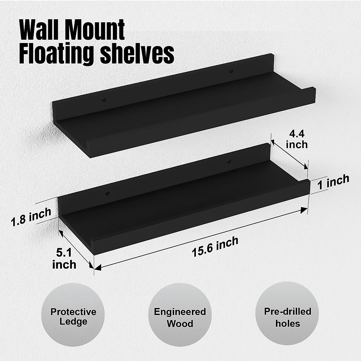 Boswillon Floating Shelves Wall Mounted Set of 2, Modern Black Wall Shelves for Storage with Lip, Display Picture Ledge Shelf for Wall Decor Bedroom Living Room Bathroom Kitchen