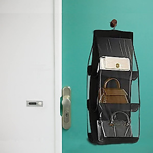 FAJYAZ Purse Organizer for Closet, Handbag Organizer with 6 Large Transparent Pockets, Washable Purse Organizer Storage(Black)