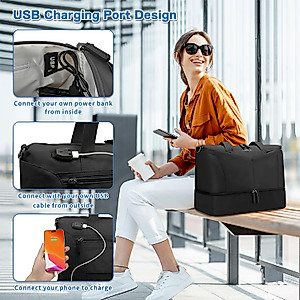 ETRONIK Weekender Bag for Women, Medium Canvas Travel Bags with USB Charging Port, Carry on Bag for Airplanes with Shoe Compartment, Overnight Gym Duffel Bag for Travel Yoga Deliver, 3 Pcs Black