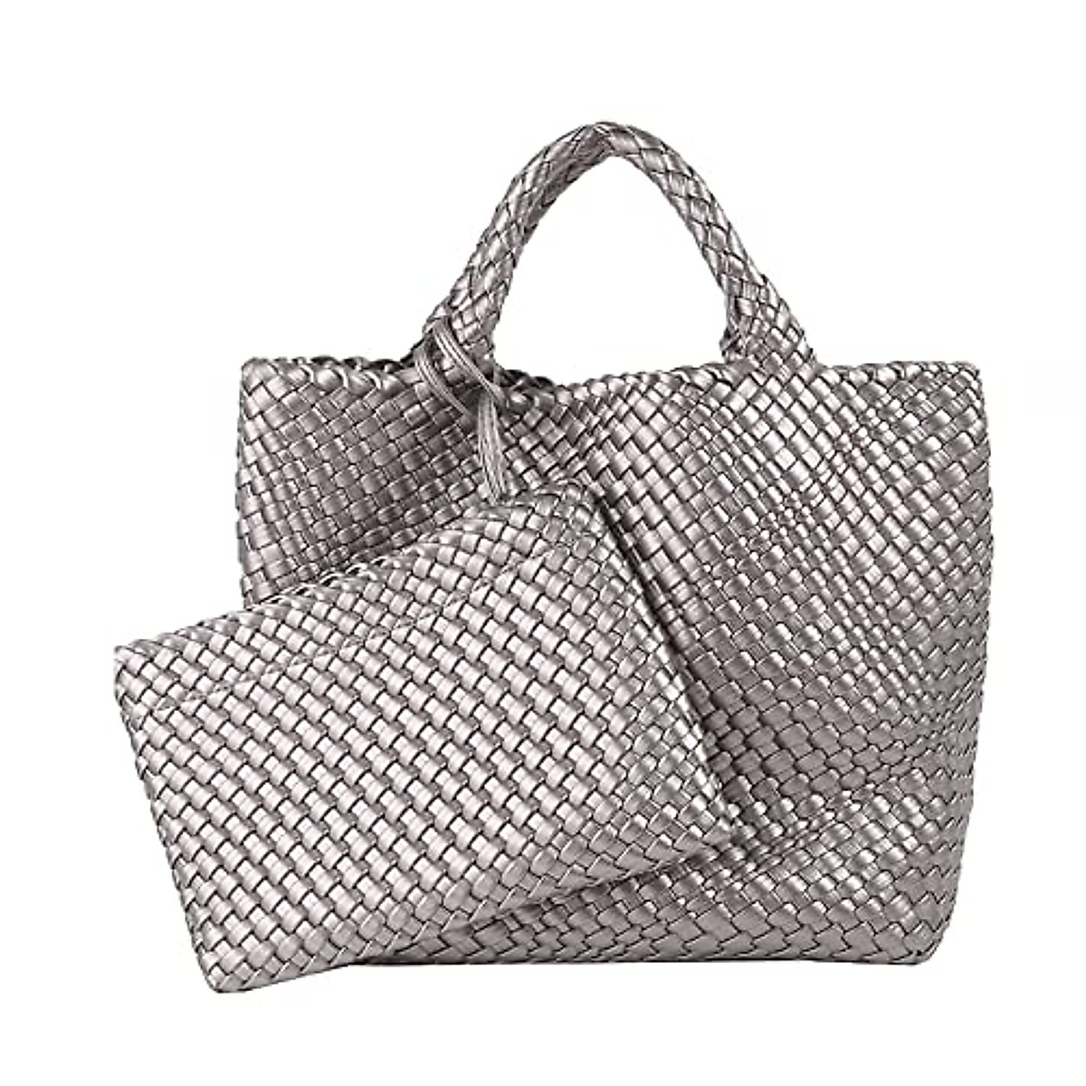 Woven Tote Bag, Women Macaron Soft Leather Weave Handbag Purse Wrist Bag Large Capacity Work Shopping Travel Daily (Silver)