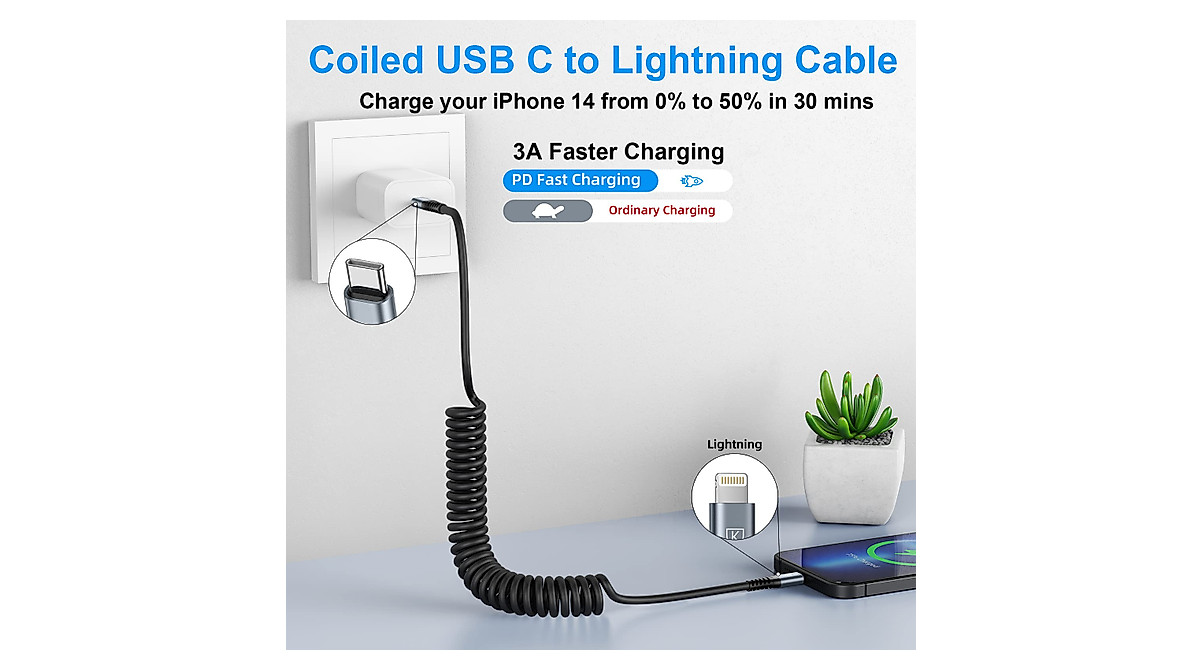 KIYODA USB Type C to Lightning Cable 3FT 2Pack, Coiled iPhone Charger ...
