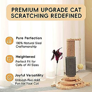 PetnFam 5in1 Sturdy Base Cat Scratching Post,Cat Scratcher Includes 6 Spare Teasing Sticks,Premium Sisal Tall Scratcher Interactive Track Toys,Massage Brush,Dangling Ball for Indoor Kittens and Cats