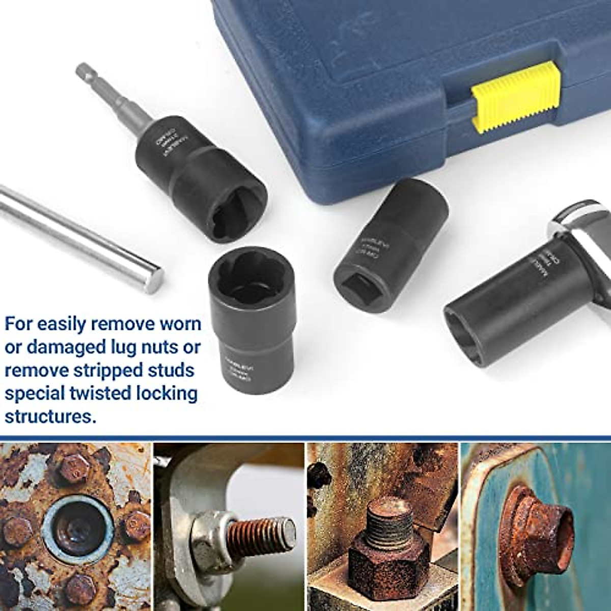 MABLEVI Bolt Nut Extractor Set with Center Punch Bar, 6PCS 1/2" Drive Impact Lug Nut Remover Socket Tool, Wheel Lock Removal Kit for Damaged, Frozen, Studs, Rusted, Rounded-Off Bolts, Nuts & Screws