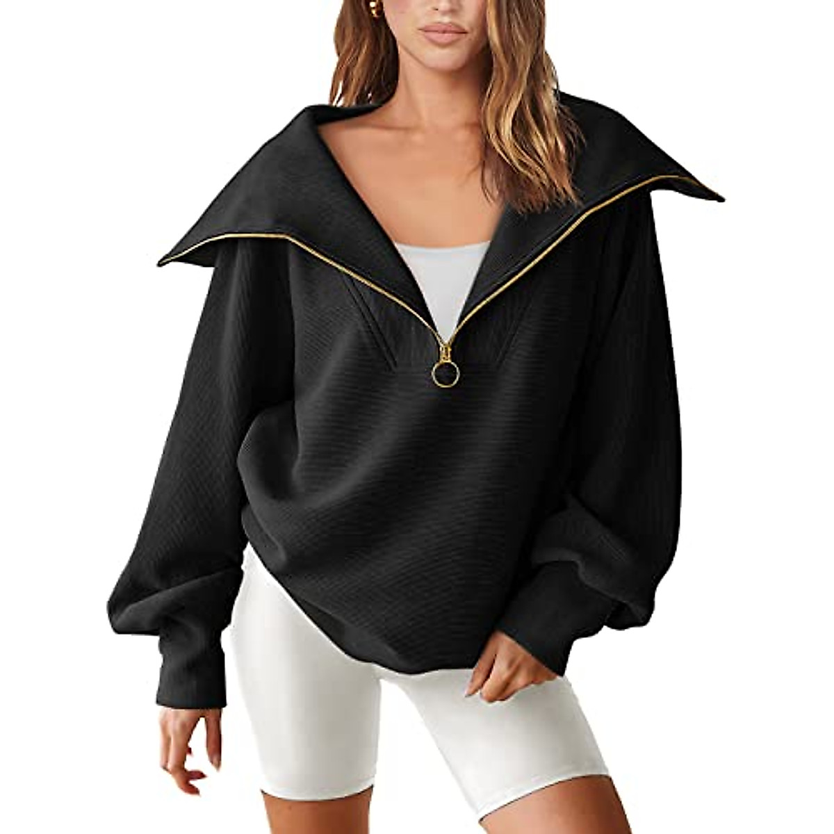 ANRABESS Womens Oversized Half Zip Pullover Sweatshirts Long Sleeve Lapel 1/4 Quarter Zip Up Hoodie Sweater 2023 Trendy Teen Girls Fall Y2k Clothes 808heise-M Black