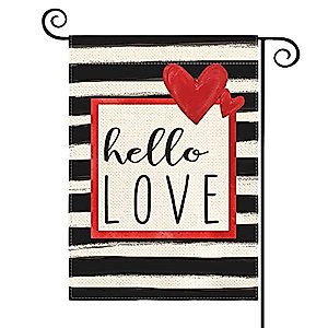 AVOIN colorlife Hello Love Watercolor Stripes Garden Flag Outside Double Sided, Love Heart Valentine's Day Anniversary Wedding Yard Outdoor Decoration 12x18 Inch