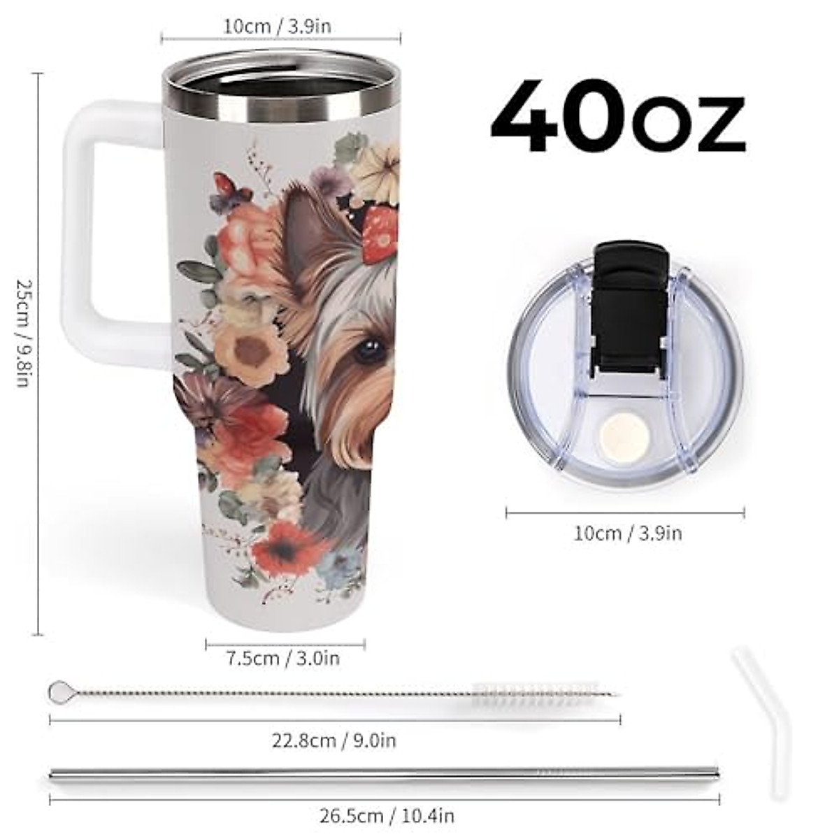 WYUSPGK 40oz Stainless Steel Car Mug, Yorkie Floral Print Travel Mug, Double-Wall Insulated with Straw, Perfect for Car, Office, Outdoor