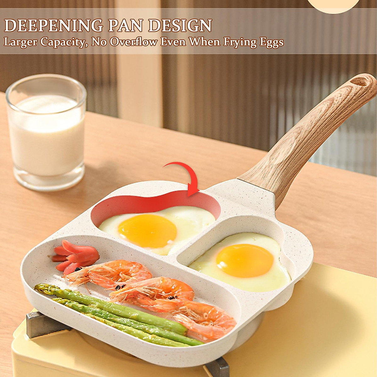 Nonstick Egg Frying Pan, 3-in-1 Nonstick Pan Divided Grill Frying Pan, Heat Resistant Handle 3 Section Skillet Mini Pancake Pan, Cooking Pan for Breakfast, Egg, Bacon and Burgers, 7.5 in (White)