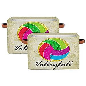 Volleyball Ball Print Storage Basket, Collapsible Canvas Fabric Storage Toys Bin Shelves Decor Laundry Organizer with Leather Handles for Closet Shelf Nursery Bedroom 15x11x9.5 In