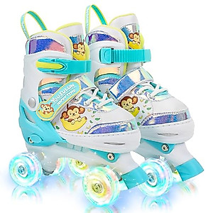 Kids Roller Skates with Light up Wheels 4 Sizes Adjustable Fun Illuminating Roller Skates for Toddler Kids Beginners Outdoor Skating with Hard-Shell Ankle Support (Blue, Large-(4Y-7Y))