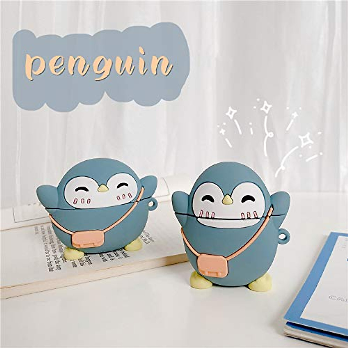 UR Sunshine Case Compatible with AirPods Pro, New Super Cute Shoulder Bag Jumping Penguin Cover Case, Soft Silicone Gel Stylish Blue Penguin Earphone Case Compatible with AirPods Pro +Hook