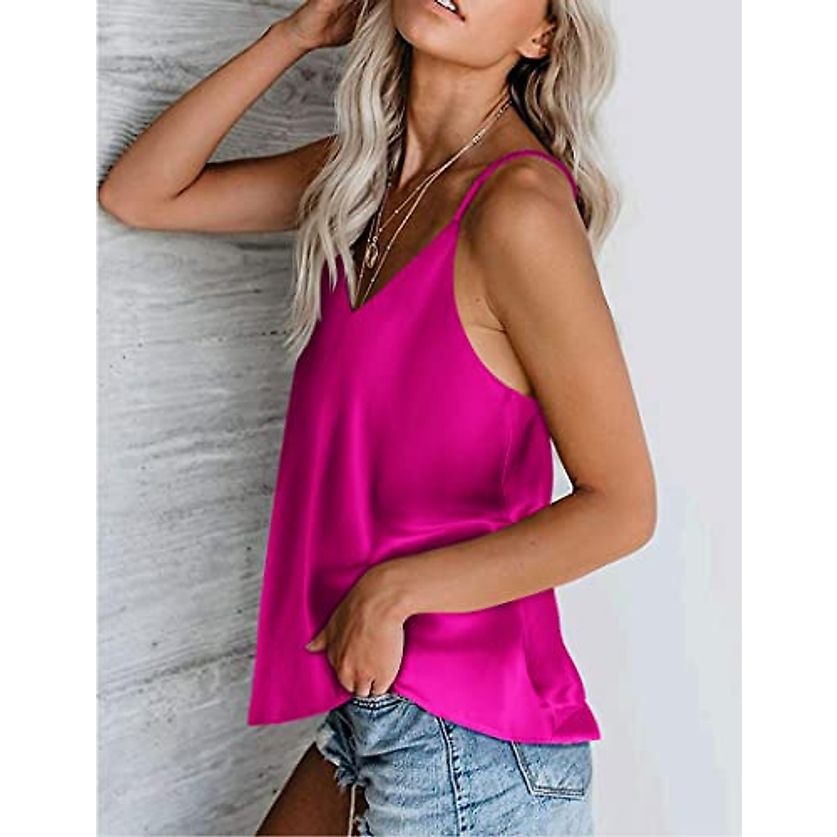 Ekouaer Women's Silk Tank Top V-Neck Camisole Silky Loose Sleeveless Blouse Satin Tank Shirt Rose