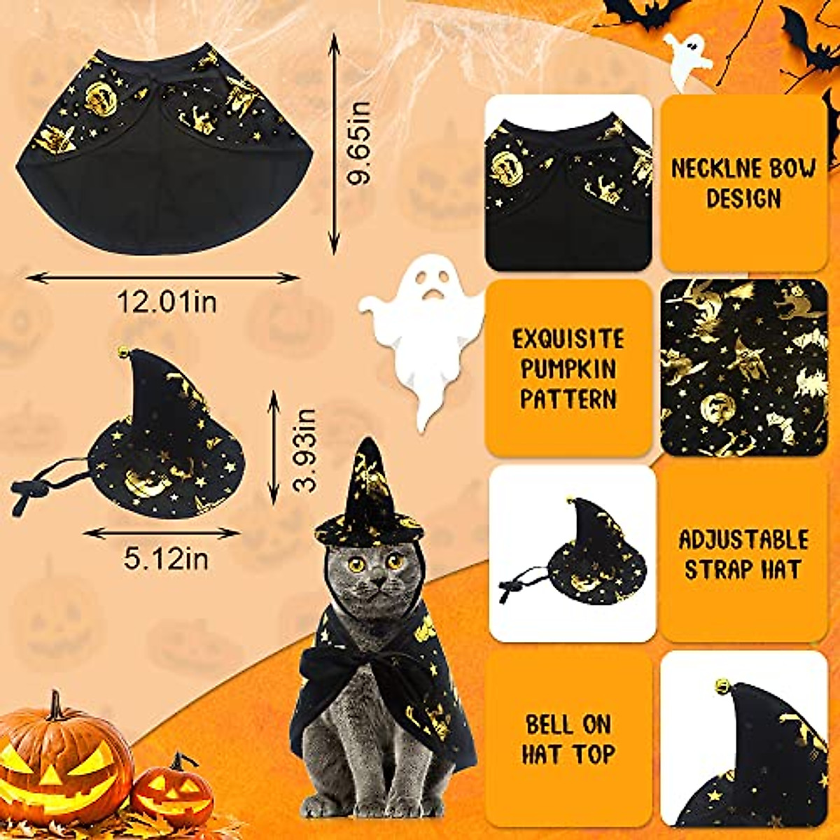 Hying Halloween Pet Black Witch Cloak for Cosplay Party Decoration, Cat Witch Hat Cosplay Costumes for Puppy Kittens Pet Accessories