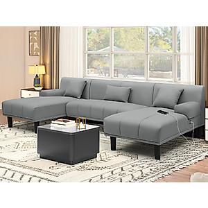 YITAHOME Sectional Couches for Living Room, U Shaped Sofa Faux Leather Modern Modular Couch with USB & Type C Charging Ports Double Chaise and Comfy Upholstered, Dark Grey