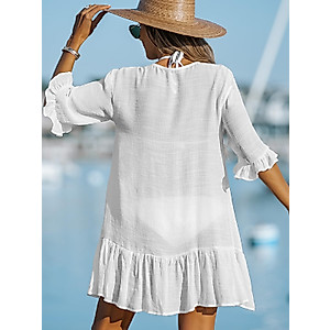 CUPSHE Women's V Neck Ruffled Cover Up Button Down Bathing Suit Beach Dress with Short Sleeves White L
