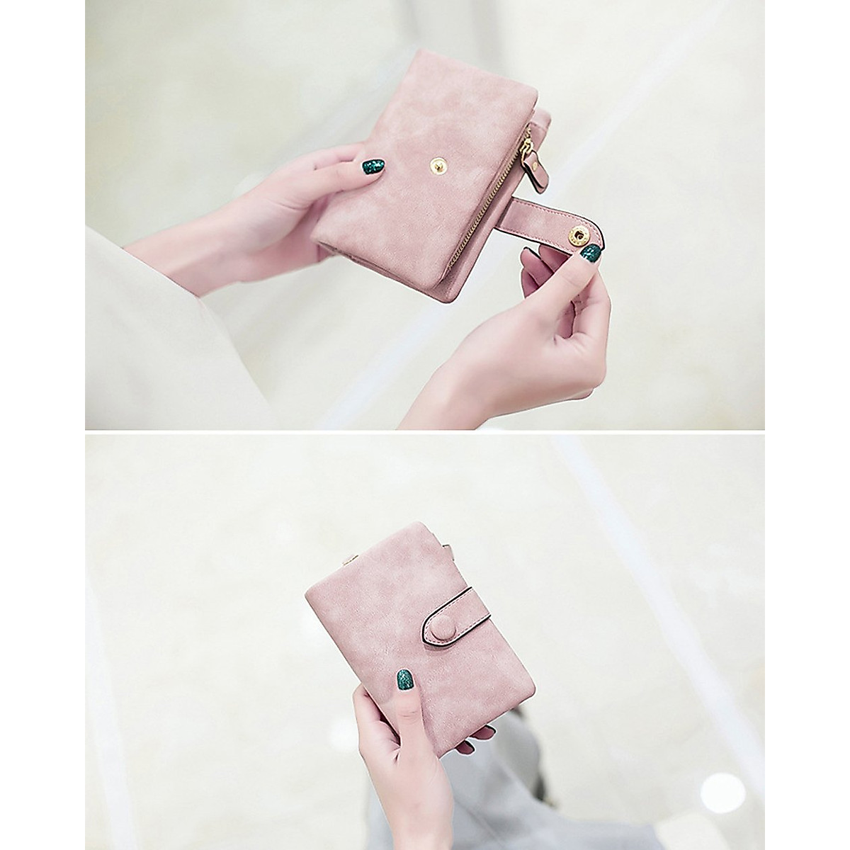 TOPKULL Bifold Small Rfid Soft Leather Ladies Trifold Wallets Billfolds Mini Wristlet Clutch Cute Zipper Coin Purse with Wrist Strap (Pink)