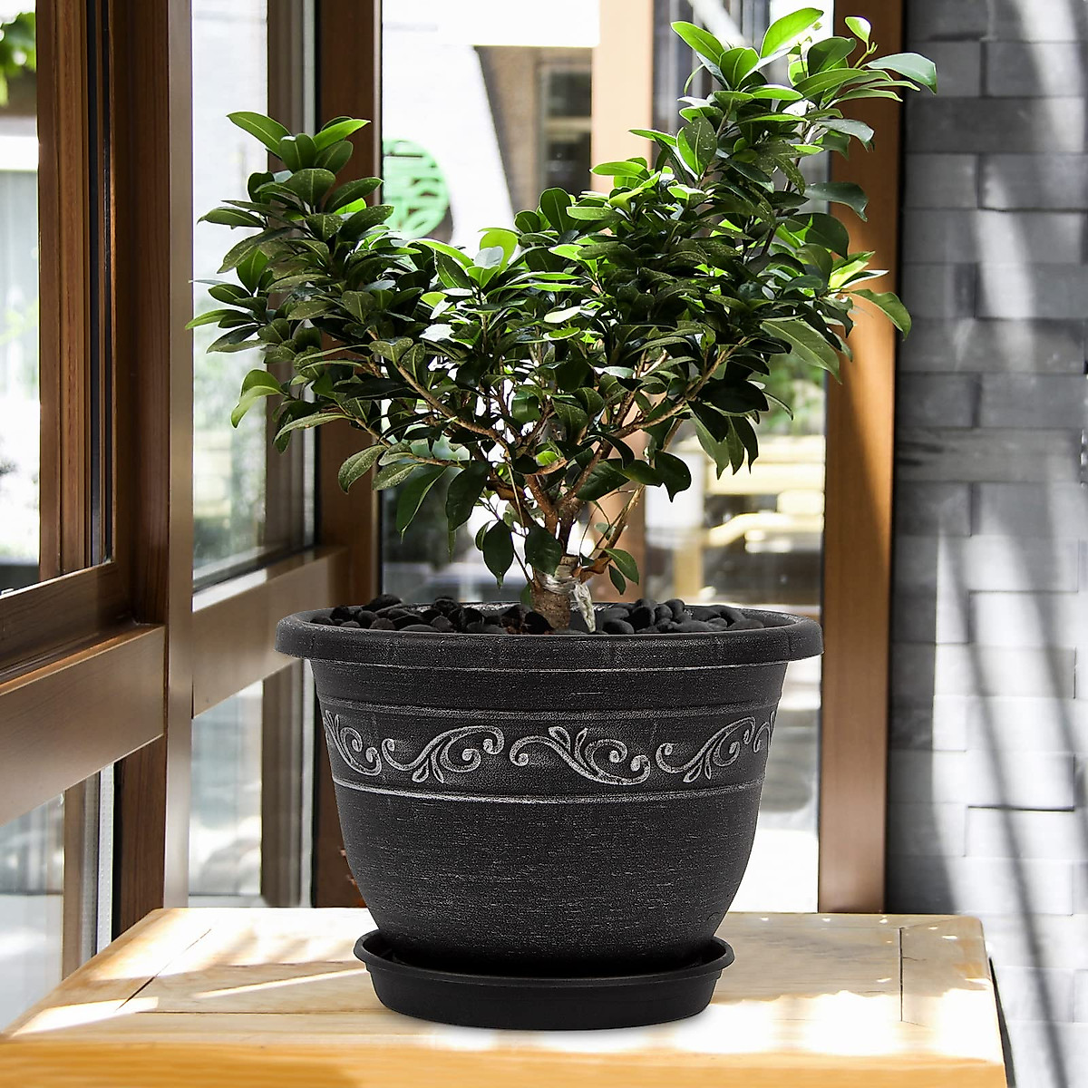 QCQHDU Plant Pots, 3 Packs 12 inch Planters with Drainage Hole Saucer, Plastic Flower Pots for Indoor Plants Retro Decorative for Outdoor Garden Container Sets(Silver-12 inch)