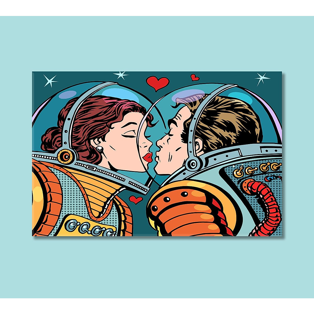 Astronauts Kiss in Space Canvas Print 3 Panels / 36x24 inches