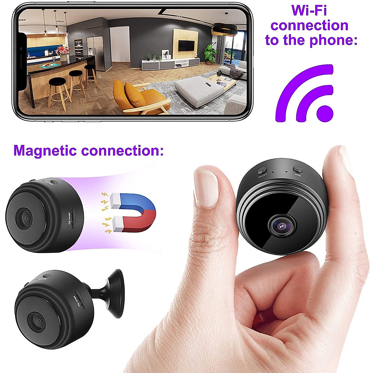 MDGLSYEE SHPTDJTIC Wireless Security Camera Mini Camera Outdoor/Indoor with Audio, Home Surveillance Camera, 1080P IP HD Build-in Battery 350mah，Infrared Night Vision, HDWIFI（3-Pack）